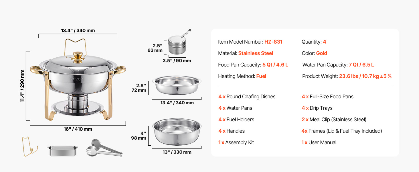 5 Qt 4 Pack Round Chafing Dish Buffet Set Full-Size Pan Stainless Steel ...
