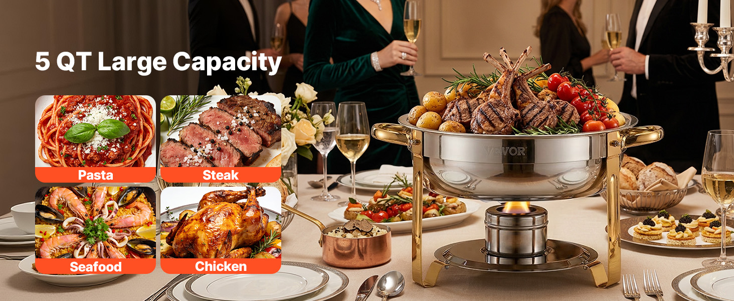 5 Qt 4 Pack Round Chafing Dish Buffet Set Full-Size Pan Stainless Steel ...