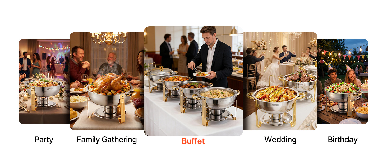 5 Qt 4 Pack Round Chafing Dish Buffet Set Full-Size Pan Stainless Steel ...