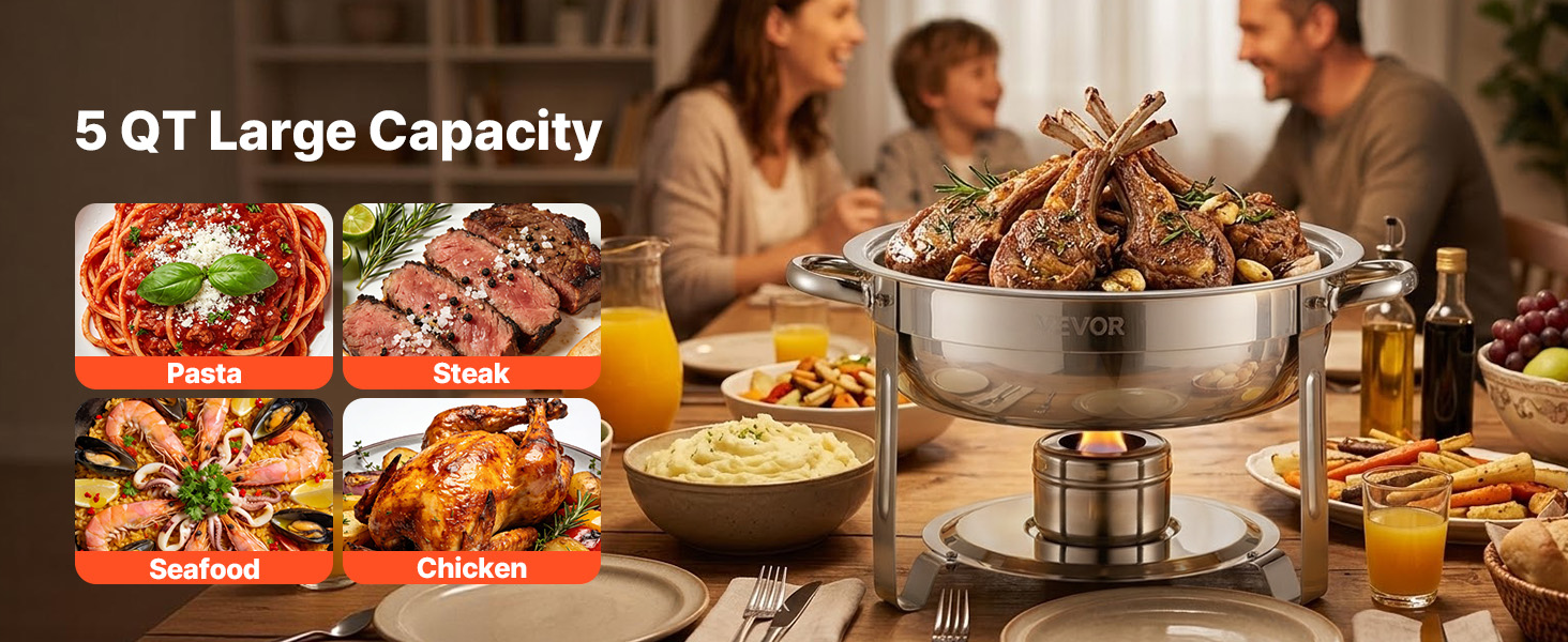 5 Qt 4 Pack Round Chafing Dish Buffet Set Full-Size Pan Stainless Steel ...