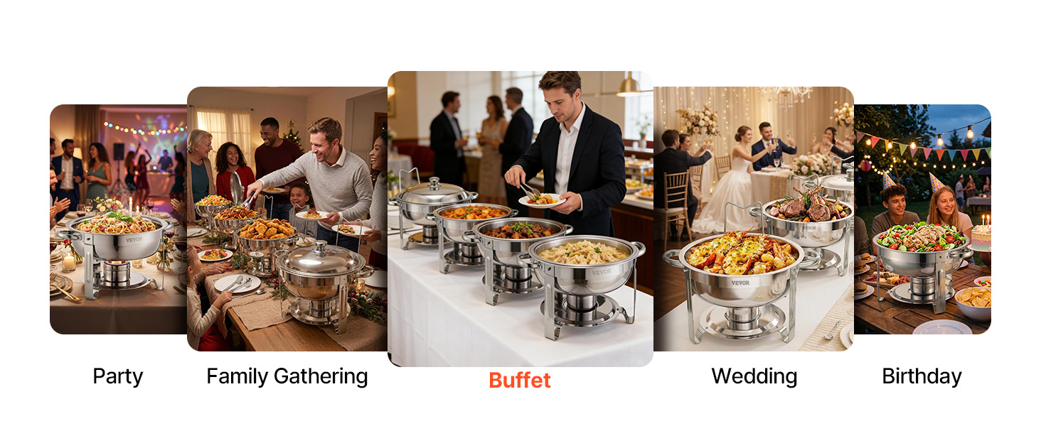 5 Qt 4 Pack Round Chafing Dish Buffet Set Full-Size Pan Stainless Steel ...