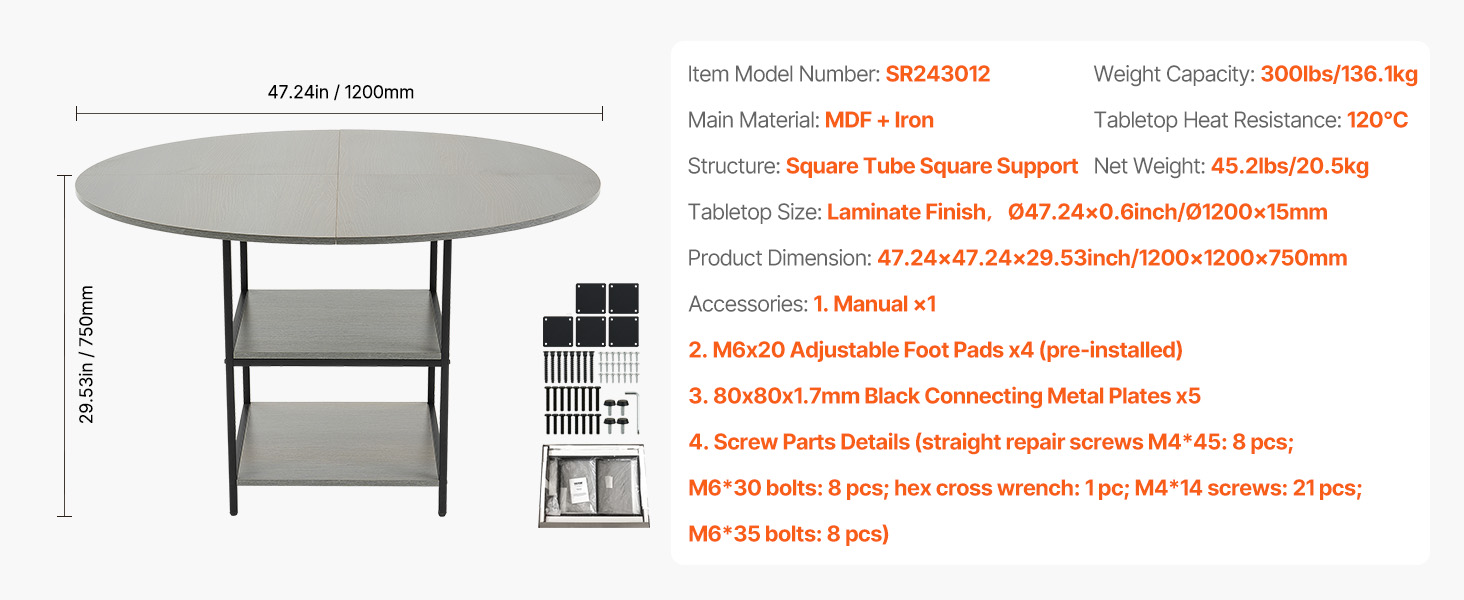 47 in Round Dining Table Wood Kitchen Table for 2-4 Person Grey (Only ...