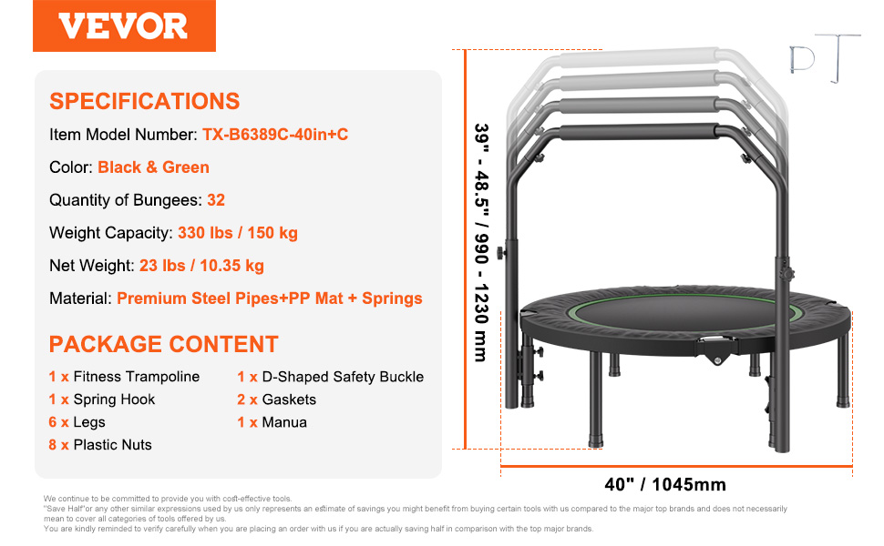 VEVOR 40" Foldable Mini Fitness Trampoline Adults Exercise Rebounder ...