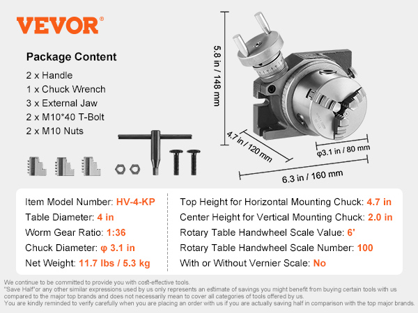 VEVOR Rotary Table for Milling Machines, 4''/ 100 mm, Horizontal ...