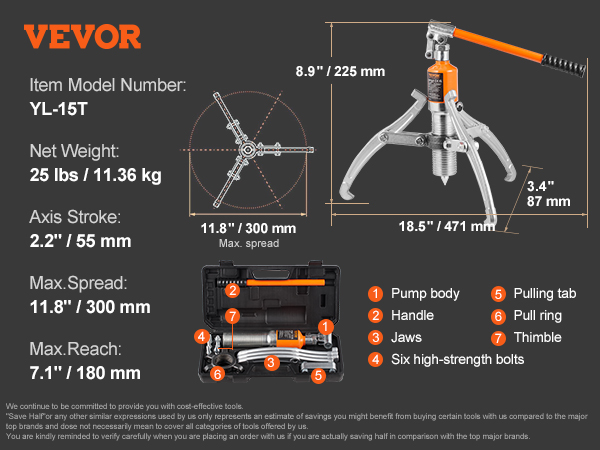 VEVOR Hydraulic Gear Puller, 15 Ton Max Capacity Wheel Bearing Pulling ...