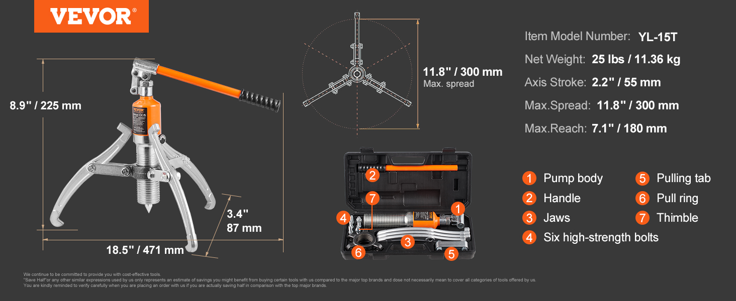 VEVOR Hydraulic Gear Puller, 15 Ton Max Capacity Wheel Bearing Pulling ...