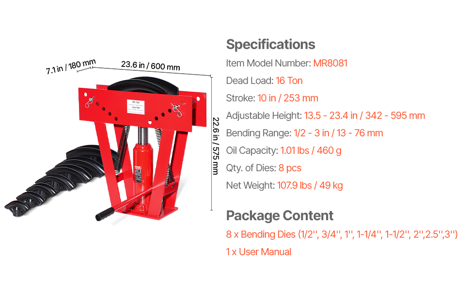 VEVOR Hydraulic Pipe Bender, 16 Ton Manual Pipe Bending Tool with 8 ...