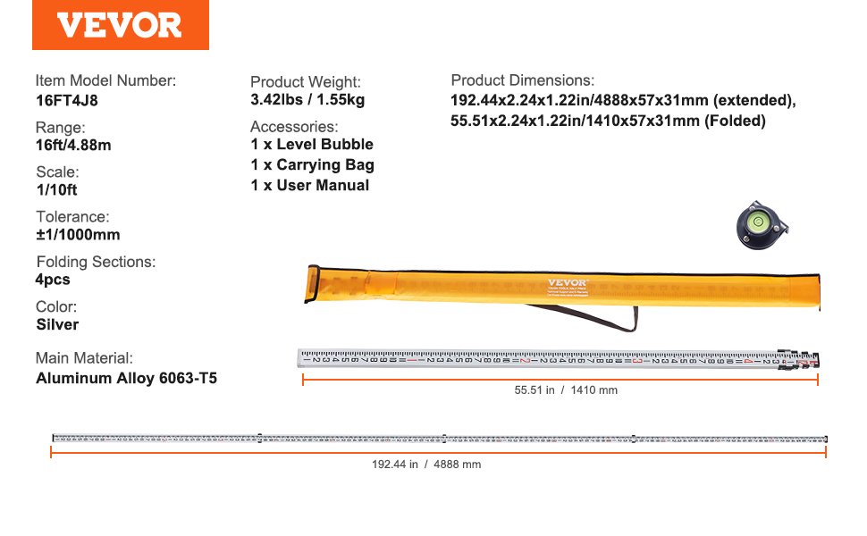 VEVOR Aluminum Grade Rod, 16-Feet/8ths 4 Sections Telescopic Measuring ...