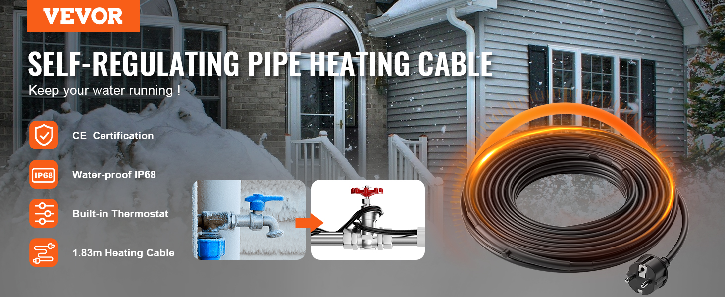 VEVOR Self-Regulating Pipe Heating Cable, 6-feet 5W/ft Heat Tape for ...