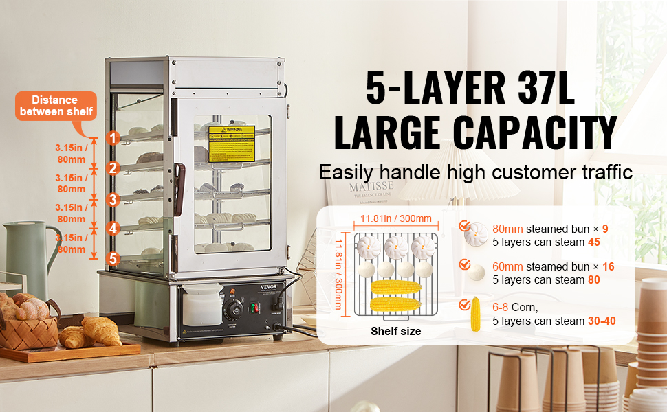 VEVOR Commercial Food Warmer Display 5-Tier Food Steamer Buns Warmer ...