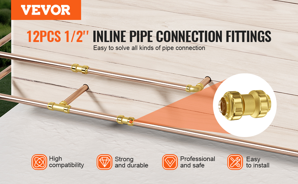 VEVOR Pipe Fittings 1/2" 12PCS Brass Straight-Through Push-Fit for Air ...