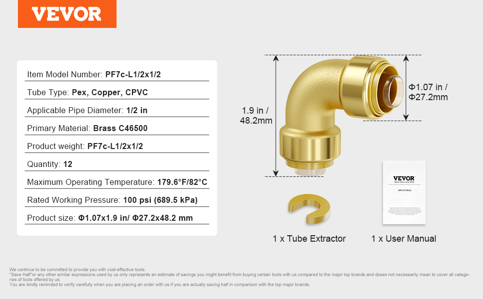 VEVOR Pipe Fittings 1/2" 12PCS Brass Pipe Fittings Elbow Push-Fit for ...