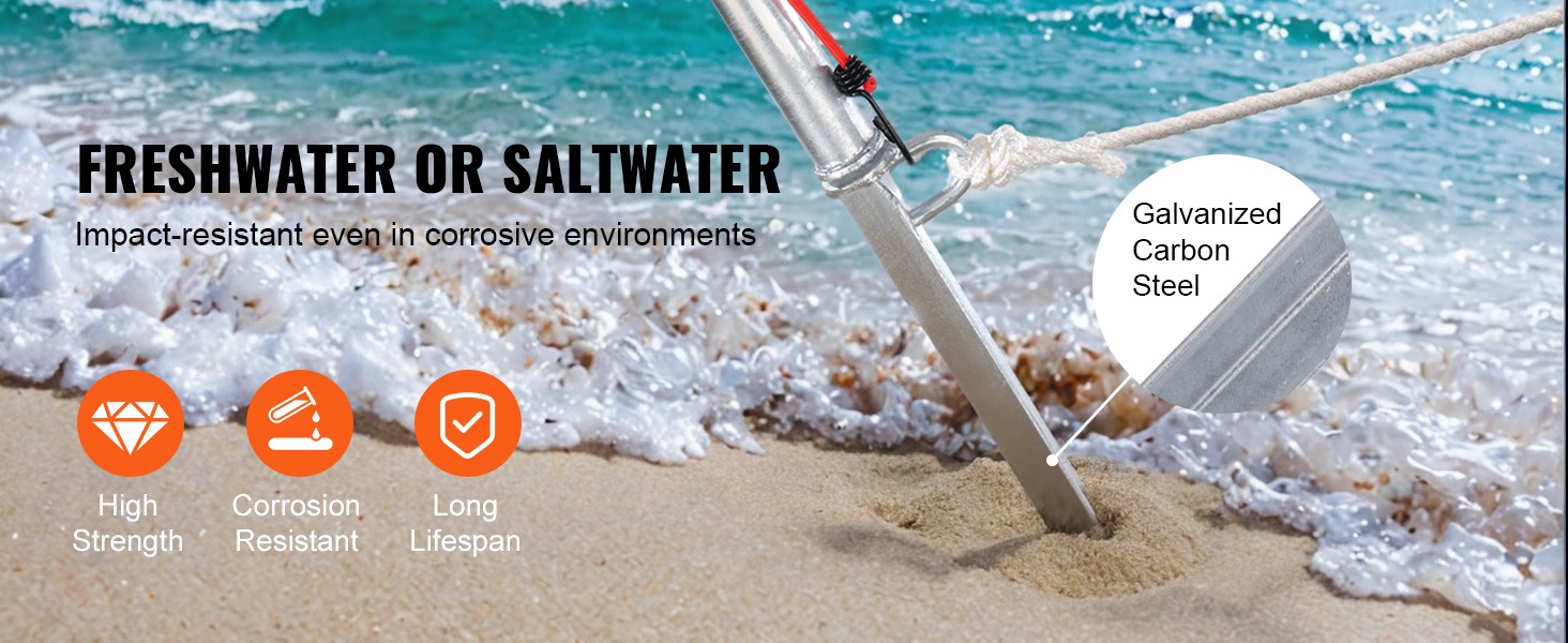VEVOR Sand Spike Boat Anchor Pole, 36" Galvanized Carbon Steel Slide ...