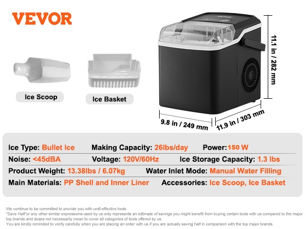 VEVOR Countertop Ice Maker, 9 Cubes Ready in 7 Mins, 26lbs in 24Hrs ...