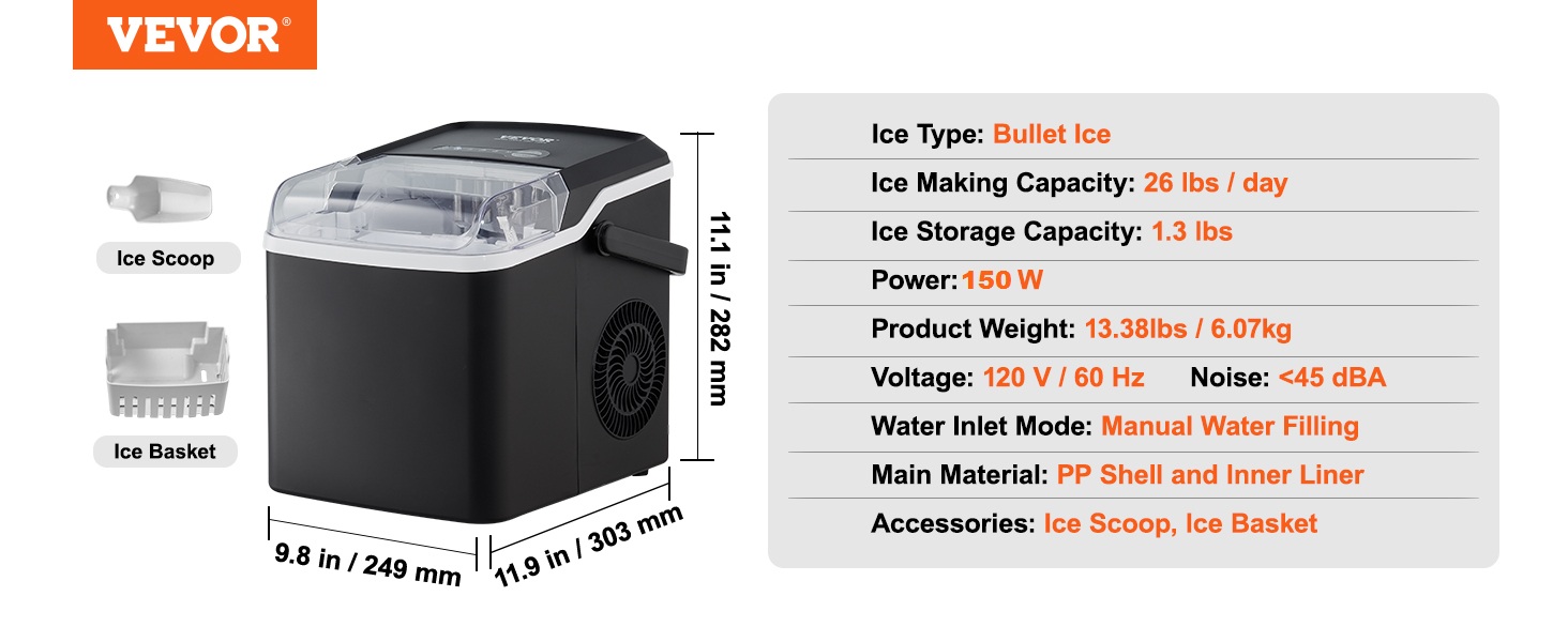 VEVOR Countertop Ice Maker, 9 Cubes Ready in 7 Mins, 26lbs in 24Hrs ...