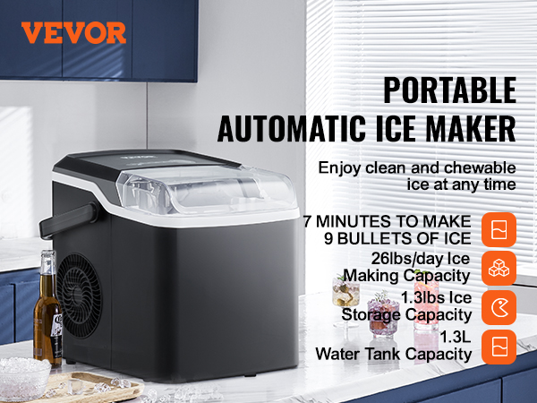 VEVOR Countertop Ice Maker, 9 Cubes Ready in 7 Mins, 26lbs in 24Hrs ...