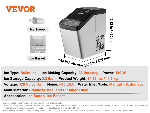 VEVOR Countertop Ice Maker, 9 Cubes Ready in 7 Mins, 33lbs in 24Hrs ...