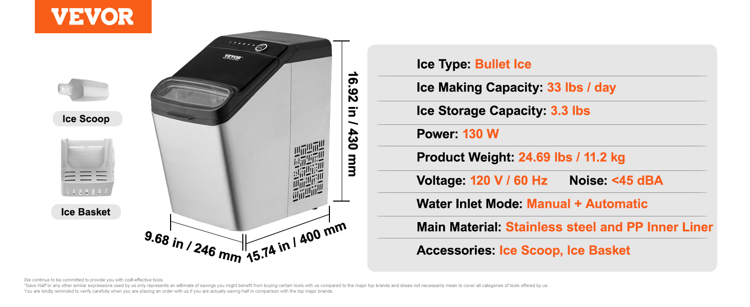 VEVOR Countertop Ice Maker, 9 Cubes Ready in 7 Mins, 33lbs in 24Hrs ...
