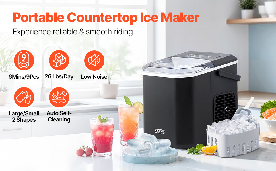 VEVOR Portable Countertop Ice Maker 26Lbs/24H Self-Cleaning with Scoop ...
