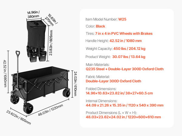 VEVOR Extended Folding Wagon Carts 300L&450LB Heavy Duty Collapsible ...