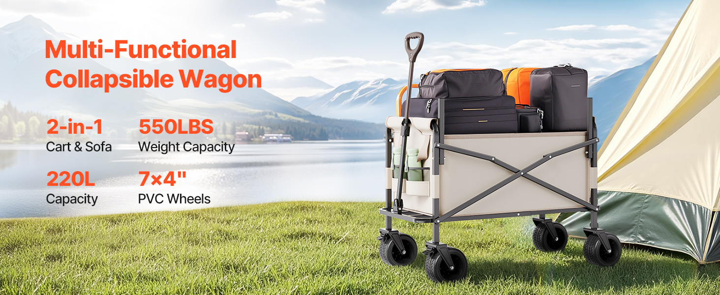 VEVOR Foldable Wagon Cart Converts to Bench 550lb Load & 220L Utility ...