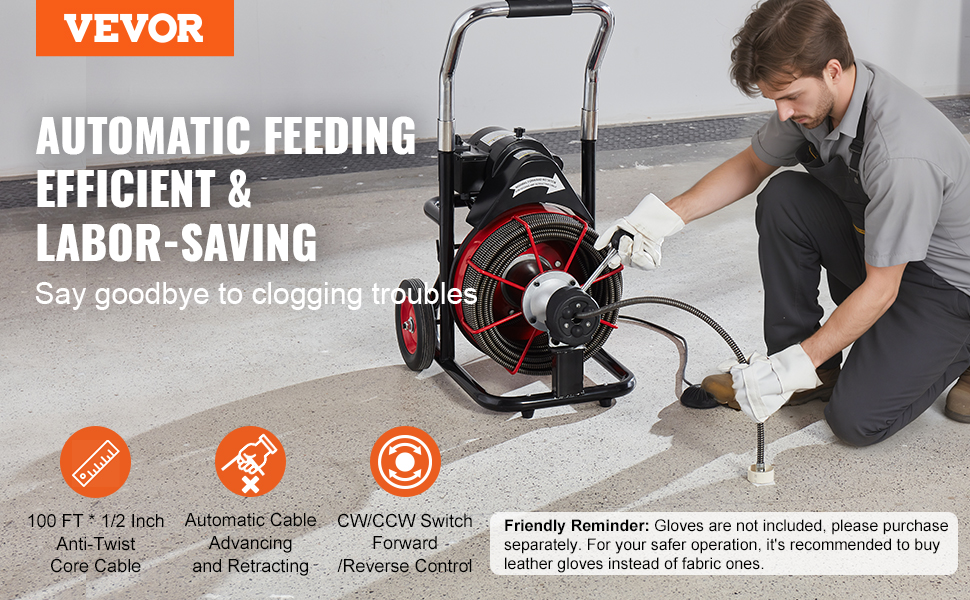 VEVOR Drain Cleaner Machine Electric Drain Auger 100FT x 1/2 In Auto ...