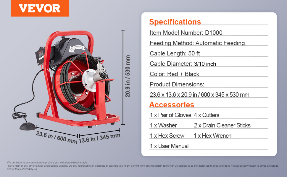 VEVOR Drain Cleaner Machine Electric Drain Auger 50FT x 3/8 In Auto ...