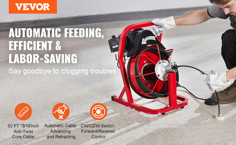 VEVOR Drain Cleaner Machine Electric Drain Auger 50FT x 3/8 In Auto ...