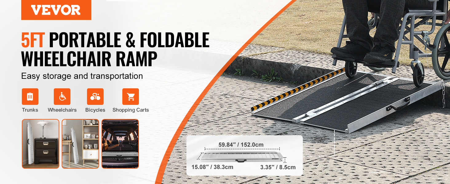 VEVOR Portable Wheelchair Ramp, 5 ft 800 lbs Capacity, Non-Slip ...