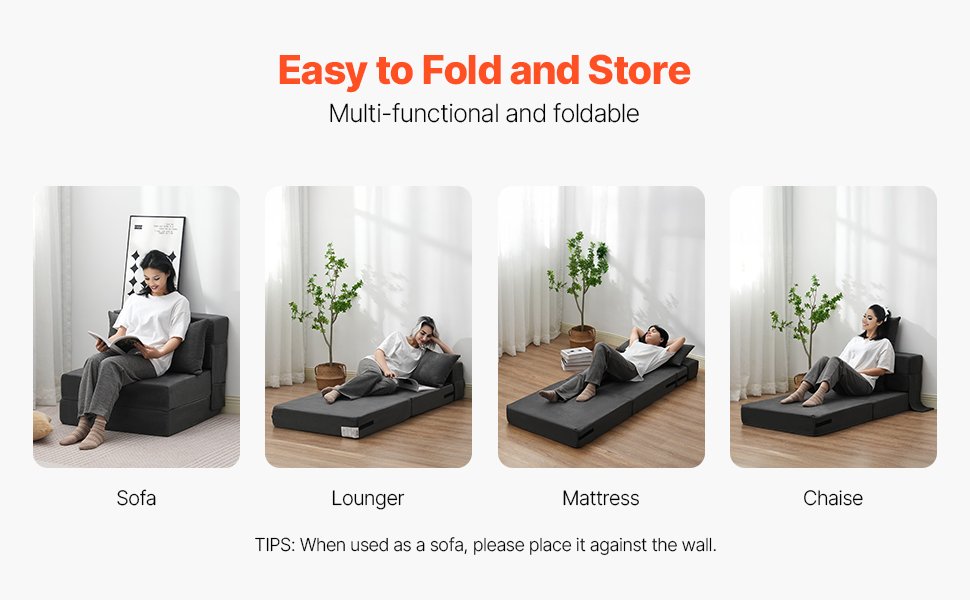 VEVOR Folding Sofa Bed 3-in-1 Foldable Couch Bed with 2 Pillows Dark ...