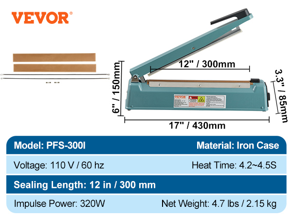 VEVOR Impulse Sealer 12 inch, Manual Heat Seal Machine with Adjustable ...