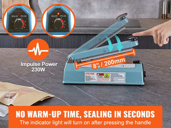 VEVOR Impulse Sealer 8 inch, Manual Heat Seal Machine with Adjustable ...