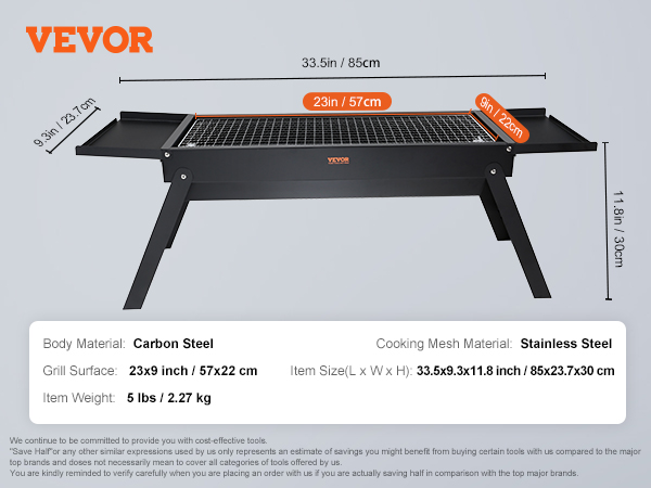 VEVOR 23 inch Portable Charcoal Grill, Compact Foldable Grill, Heavy Duty Steel BBQ Grill, Mini ...