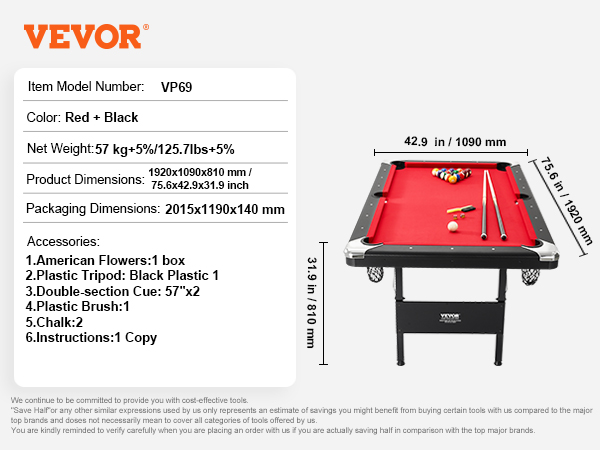 VEVOR Billiards Table, 6.3 ft Pool Table, Portable Foldable Space ...