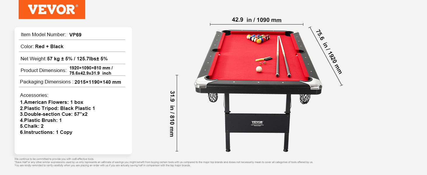 VEVOR Billiards Table, 6.3 ft Pool Table, Portable Foldable Space ...