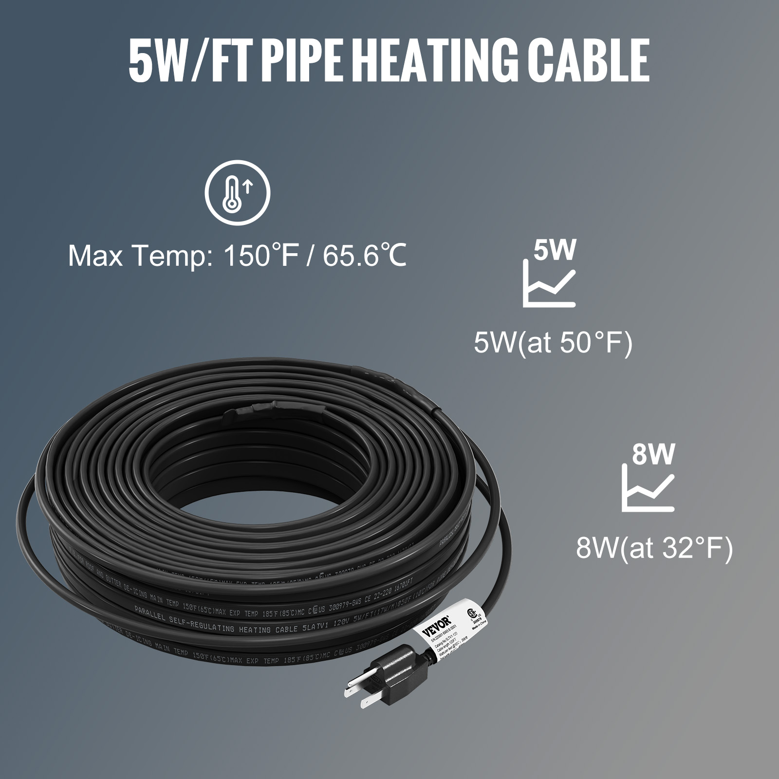 VEVOR Self-Regulating Pipe Heating Cable, 120-feet 5W/ft Heat Tape for ...
