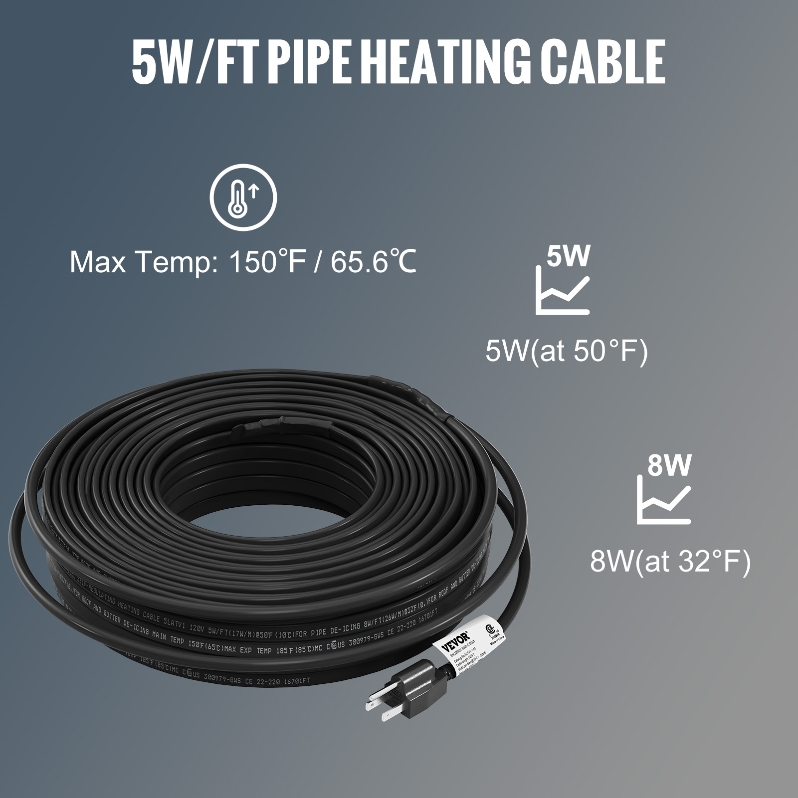 VEVOR Self-Regulating Pipe Heating Cable, 140-feet 5W/ft Heat Tape for ...