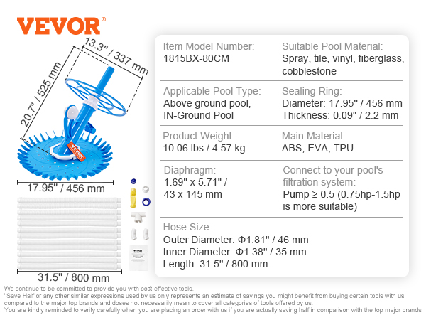 VEVOR Automatic Suction Pool Cleaner, Low Noise Pool Vacuum Cleaner ...