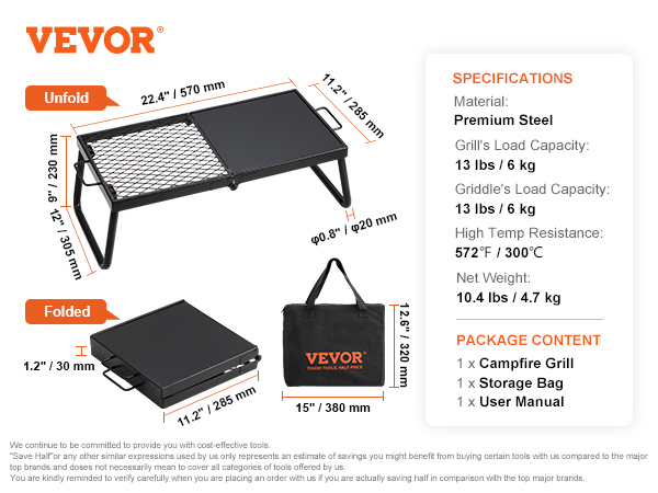 VEVOR Folding Campfire Grill, Heavy Duty Steel Mesh Grate, 22.4 ...