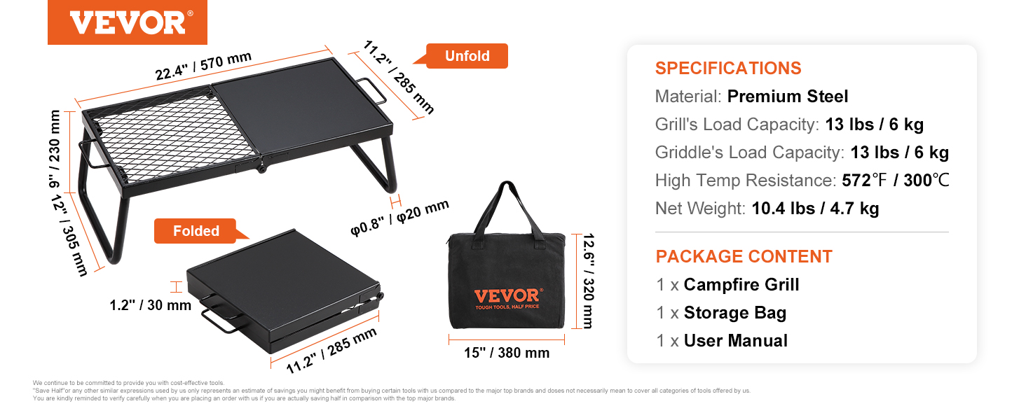 VEVOR Folding Campfire Grill, Heavy Duty Steel Mesh Grate, 22.4 ...
