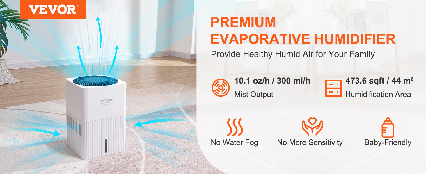 VEVOR Evaporative Humidifiers Mist-Free 3L, 300 ml/h Cool Moisture Humidifier and Air Purifier ...