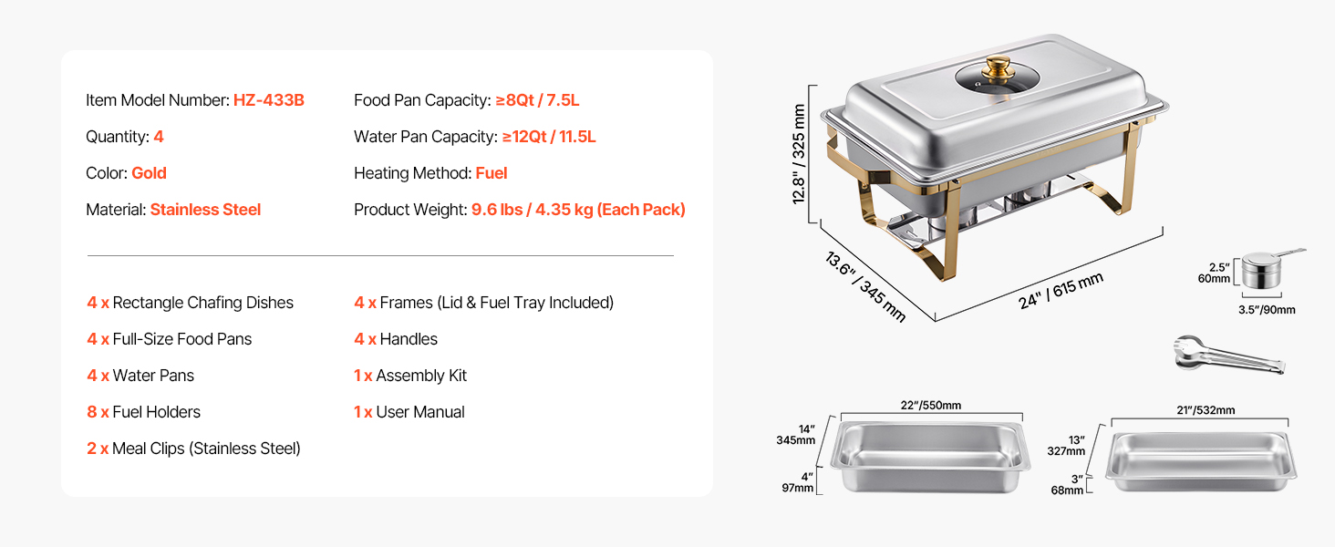 8 Qt 4 Pack Rectangle Chafing Dish Buffet Set Full Size Pan Stainless ...