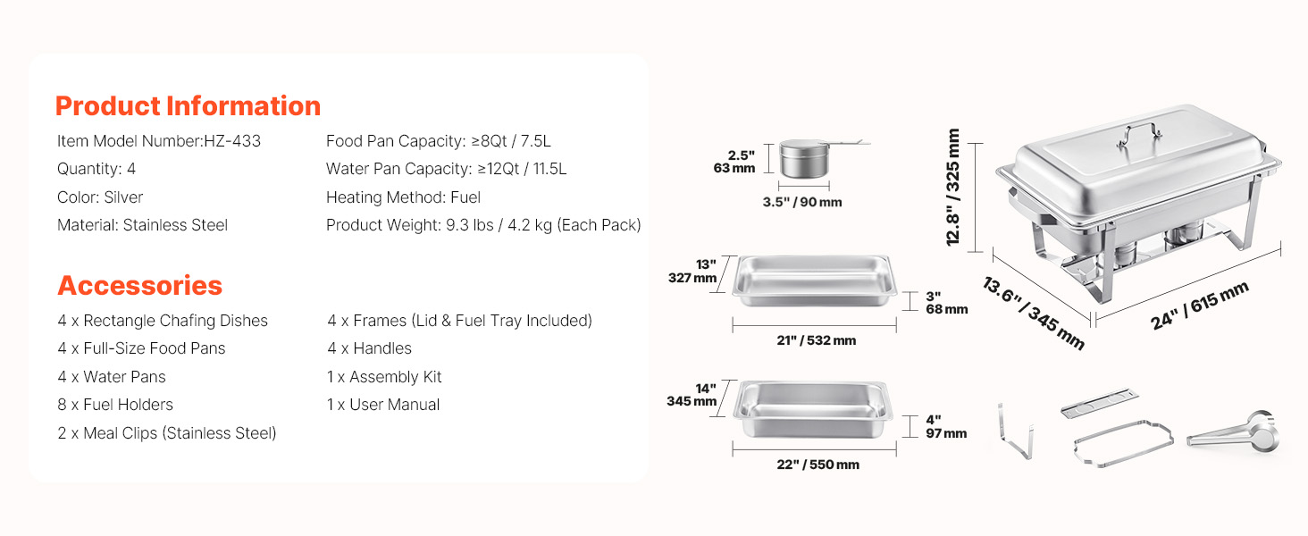8 Qt 4 Pack Rectangle Chafing Dish Buffet Set Full Size Pan Stainless ...