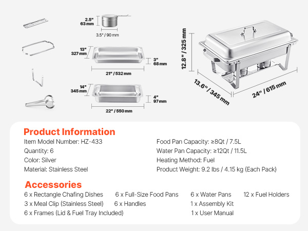 8 Qt 6 Pack Rectangle Chafing Dish Buffet Set Full Size Pan Stainless ...