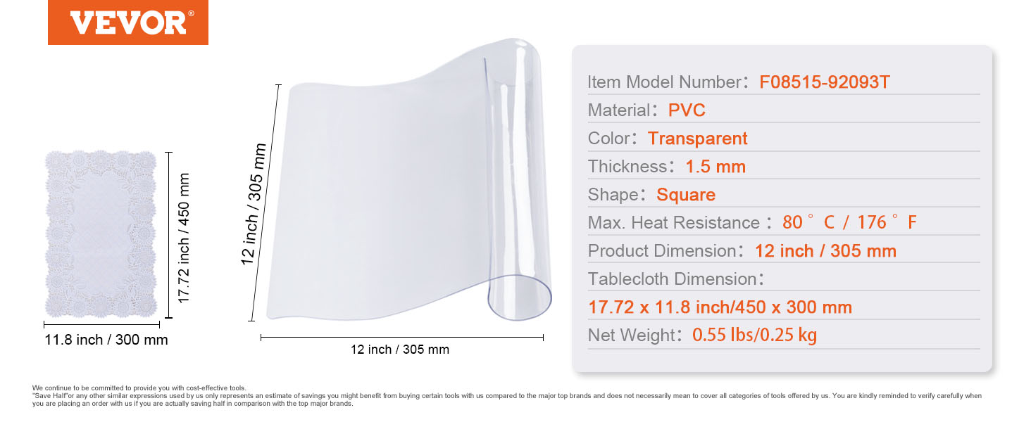 VEVOR Clear Table Cover Protector, 12" x 12"/305 x 305 mm Table Cover ...