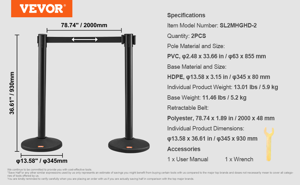 VEVOR Crowd Control Stanchions, 2-Pack Crowd Control Barriers with 6 ...