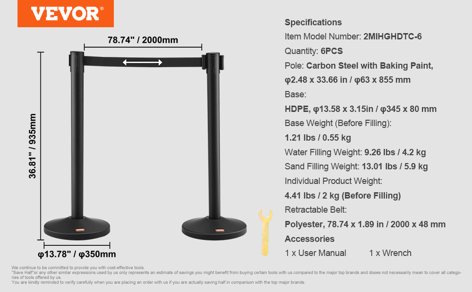 VEVOR Crowd Control Stanchion, 6-Pack Crowd Control Barrier, Carbon ...