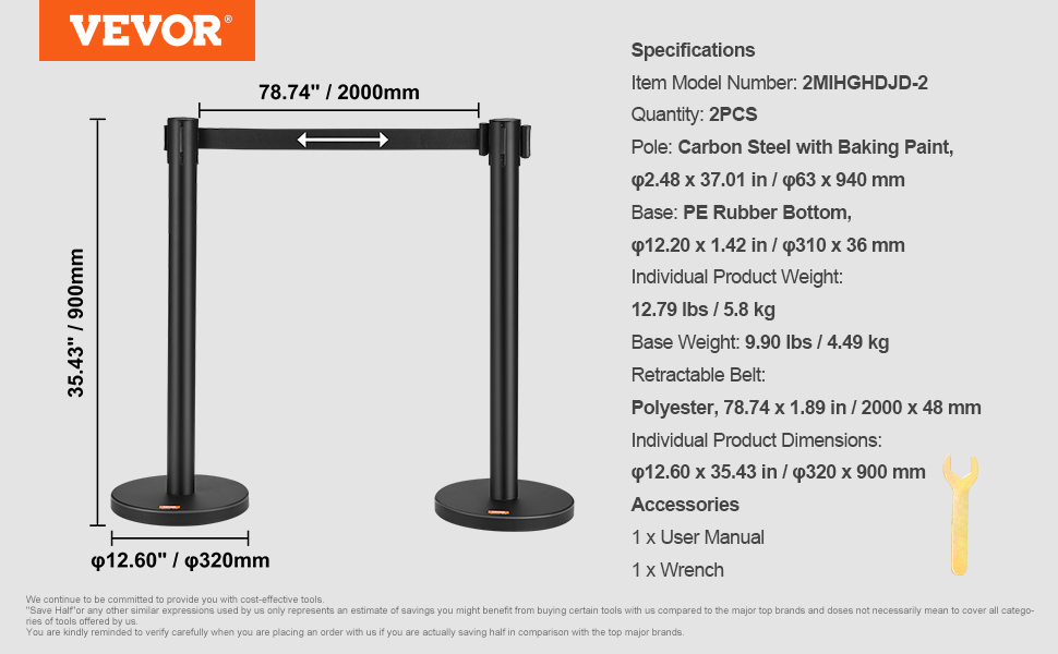 VEVOR Crowd Control Stanchions, 2-Pack Crowd Control Barriers, Carbon ...