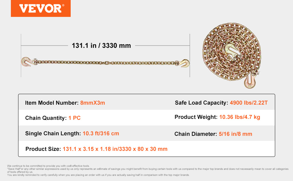 VEVOR Binder Chain G80 Tie Down Tow Chain with Two Hooks 5/16" x 10.3 ...