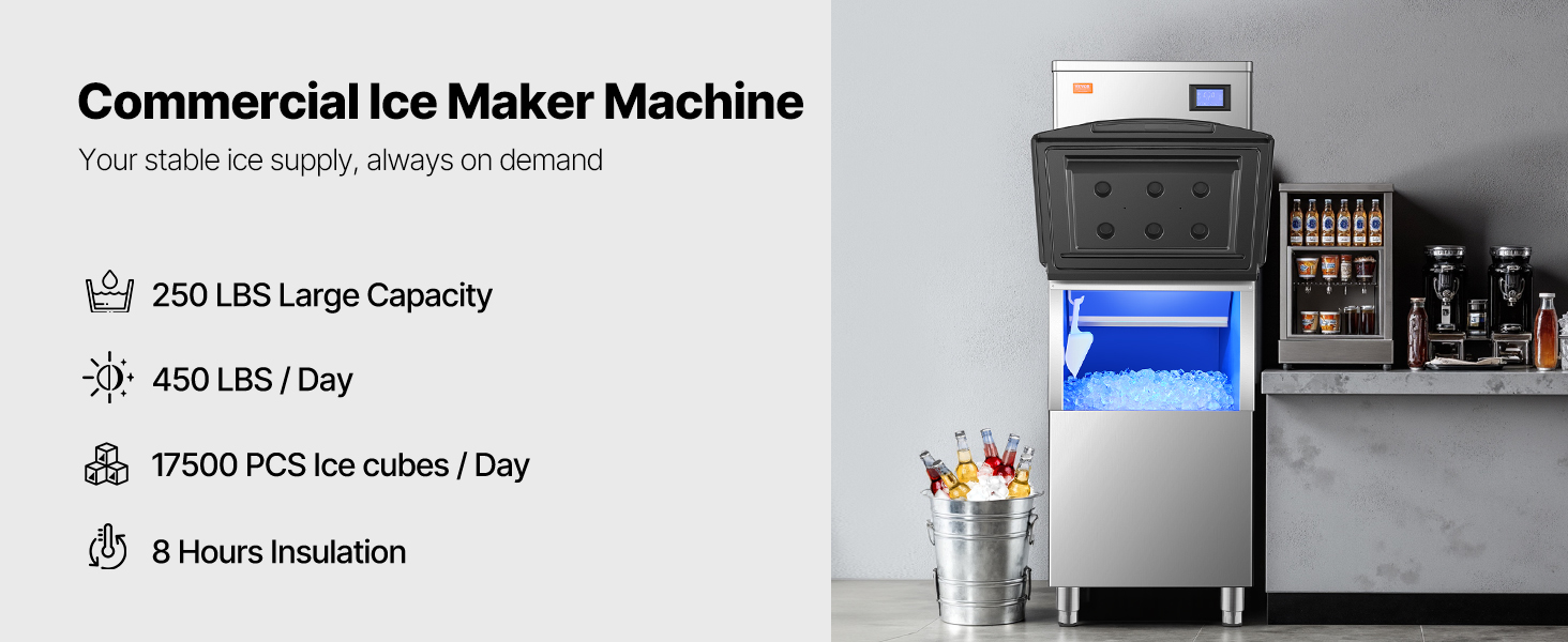 Commercial Ice Maker 450LBS/24H with 250LBS Storage Bin Auto Self ...